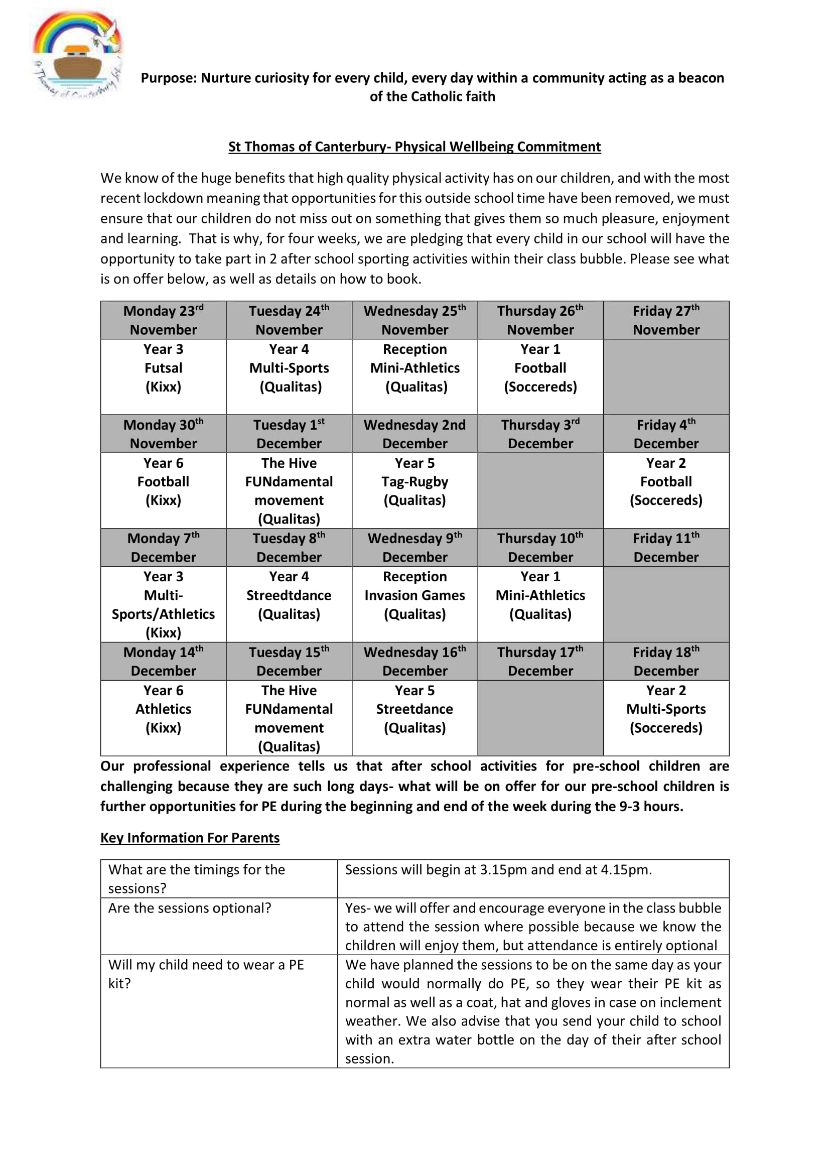 St Thomas Physical Wellbeing Pledge - St Thomas of Canterbury School